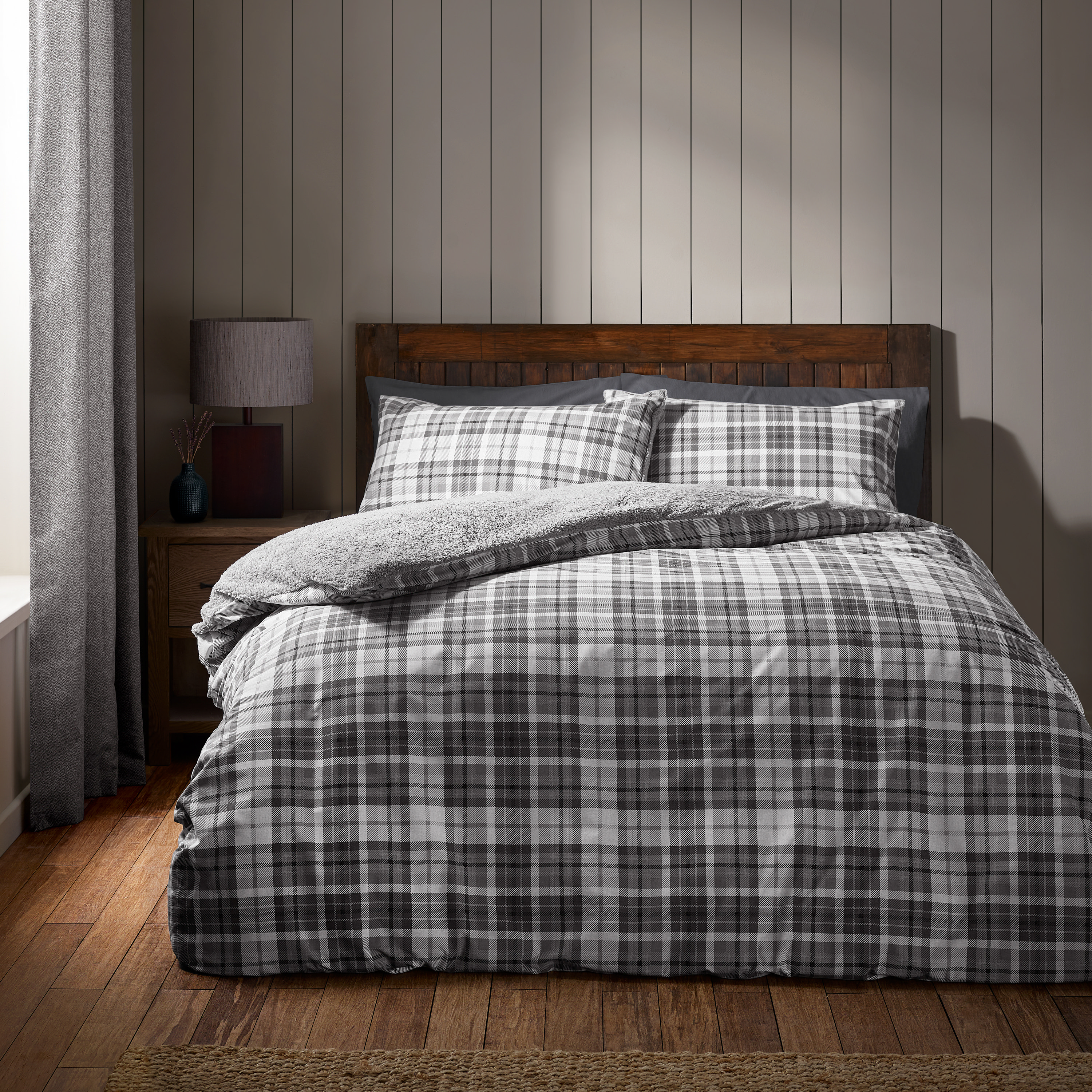 Grey Checked Cosy Sherpa Duvet Cover Set | MFI