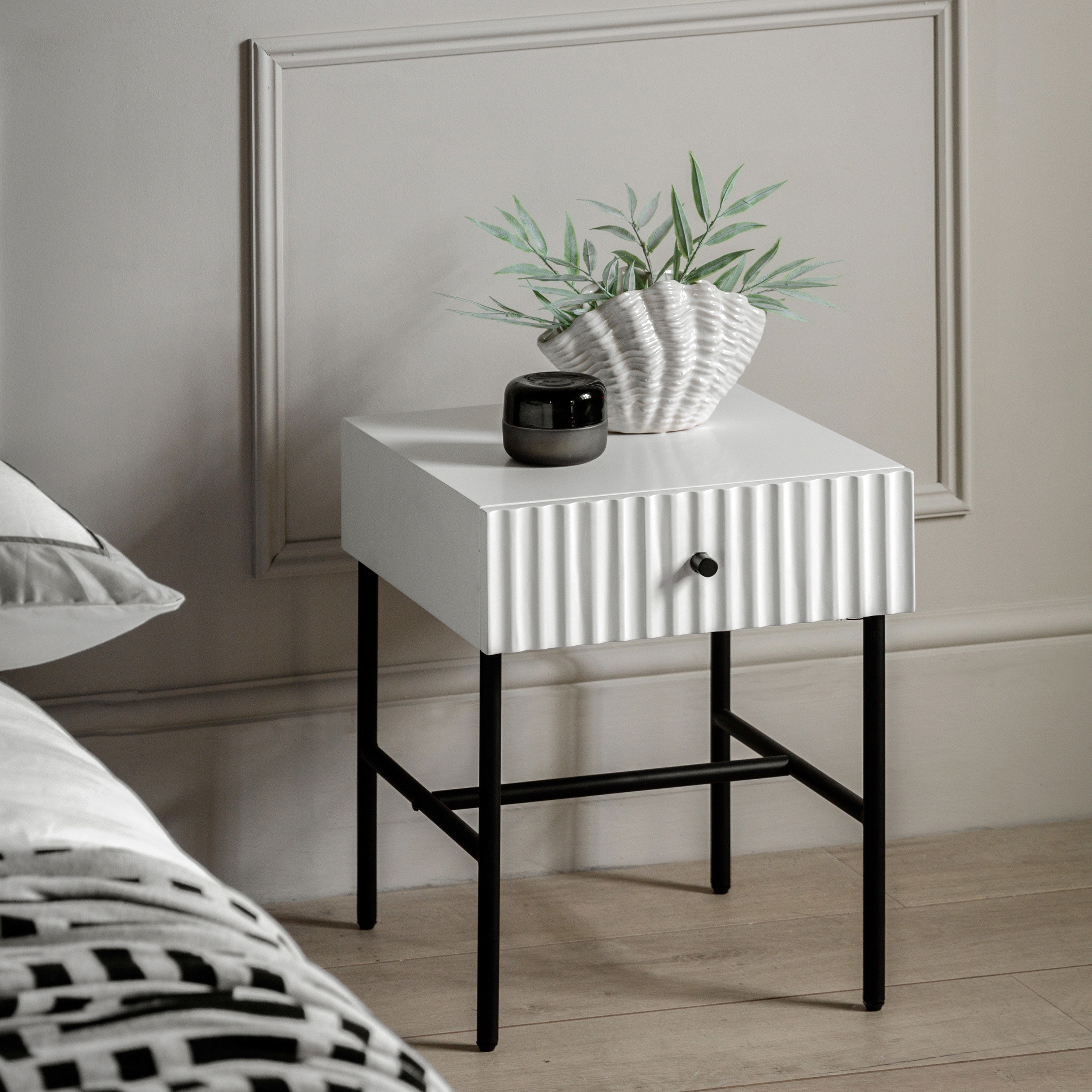Lara White Fluted Bedside Table | MFI