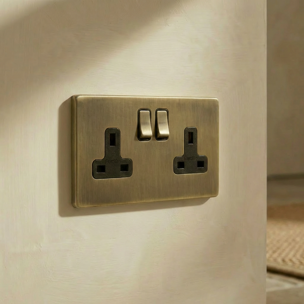 Lyss 13 AMP Double Socket - 2 Gang Antique Brass | MFI