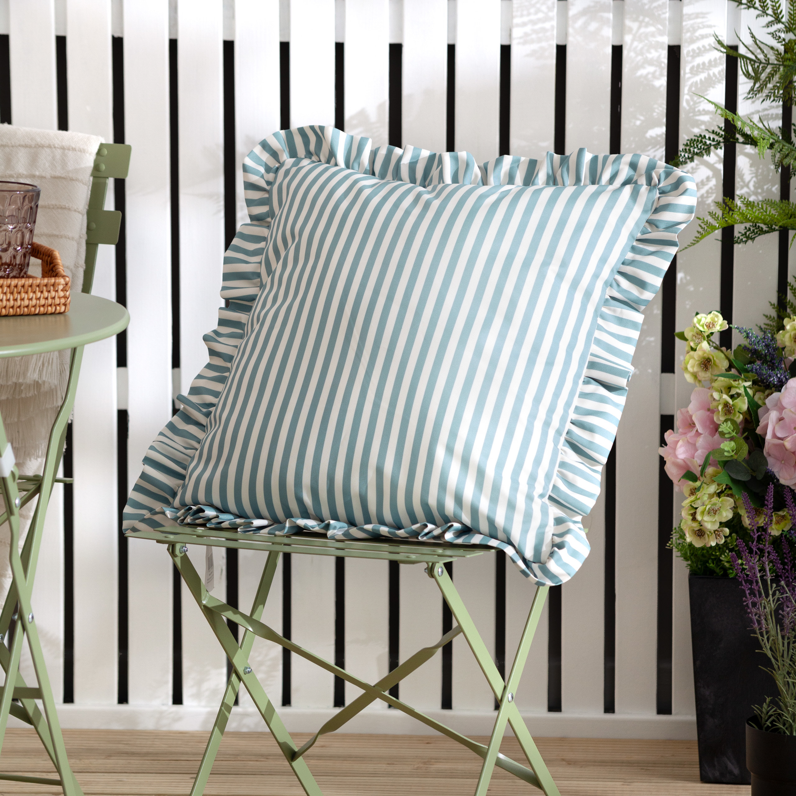 Mille Ruffle 50cm Blue & White Stripe Outdoor Cushion | MFI