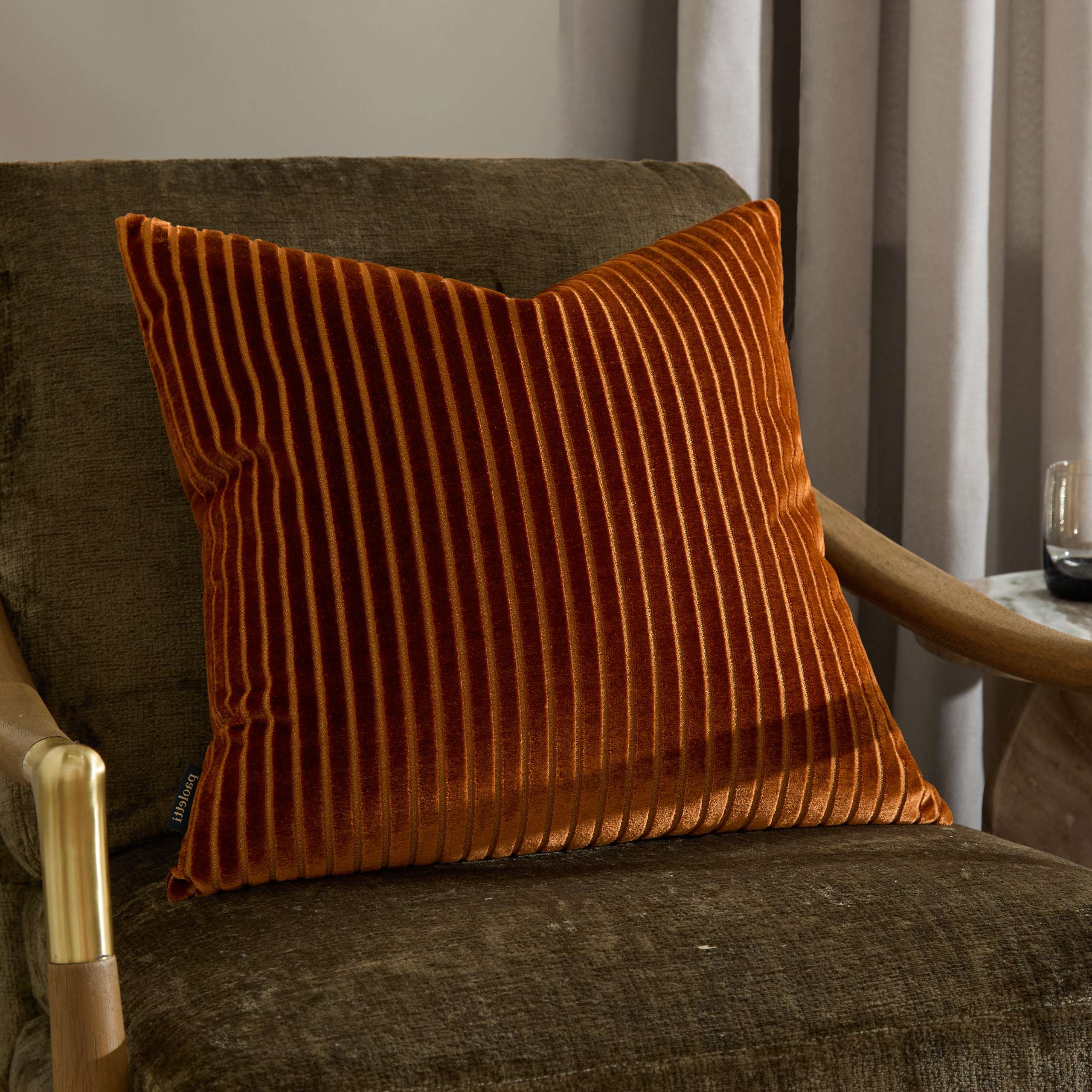 Luxury Brick Orange and Gold Velvet Stripe Cushion 50x50cm | MFI