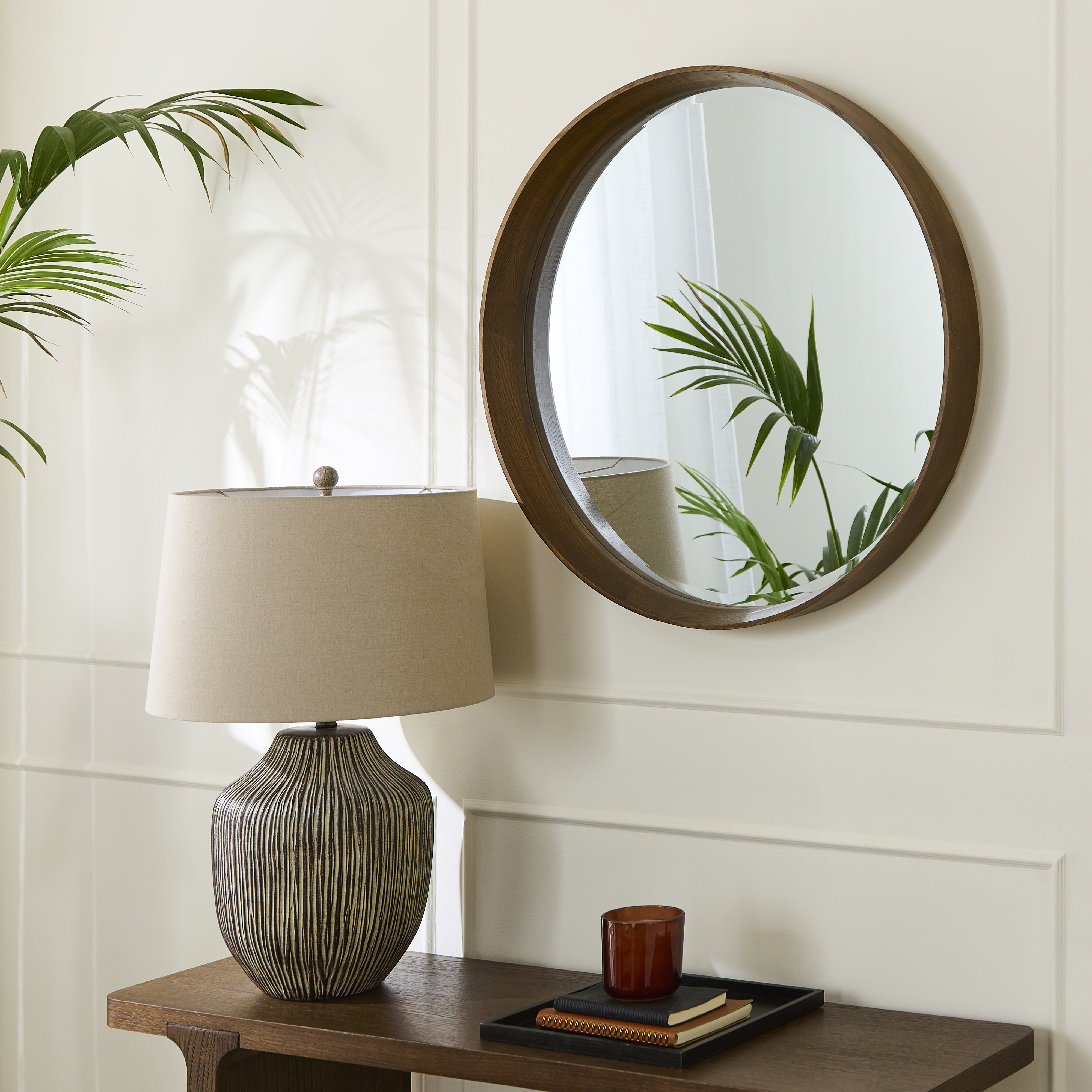 Verona Solid Wood Round Wall Mirror - Walnut